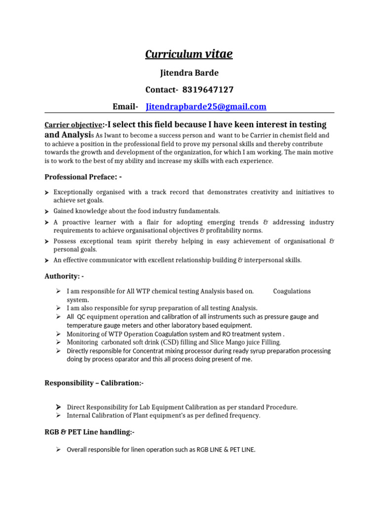 Jitendra Barde QC CV New | PDF | Calibration | Water Purification