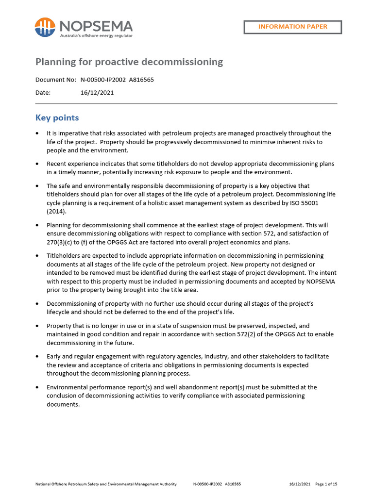 NOPSEMA - Planning Fo Proactive Decommissioning | PDF | Life Cycle ...