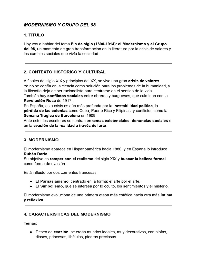 Modernismo y Grupo del 98 en España | PDF | Poesía | Novelas