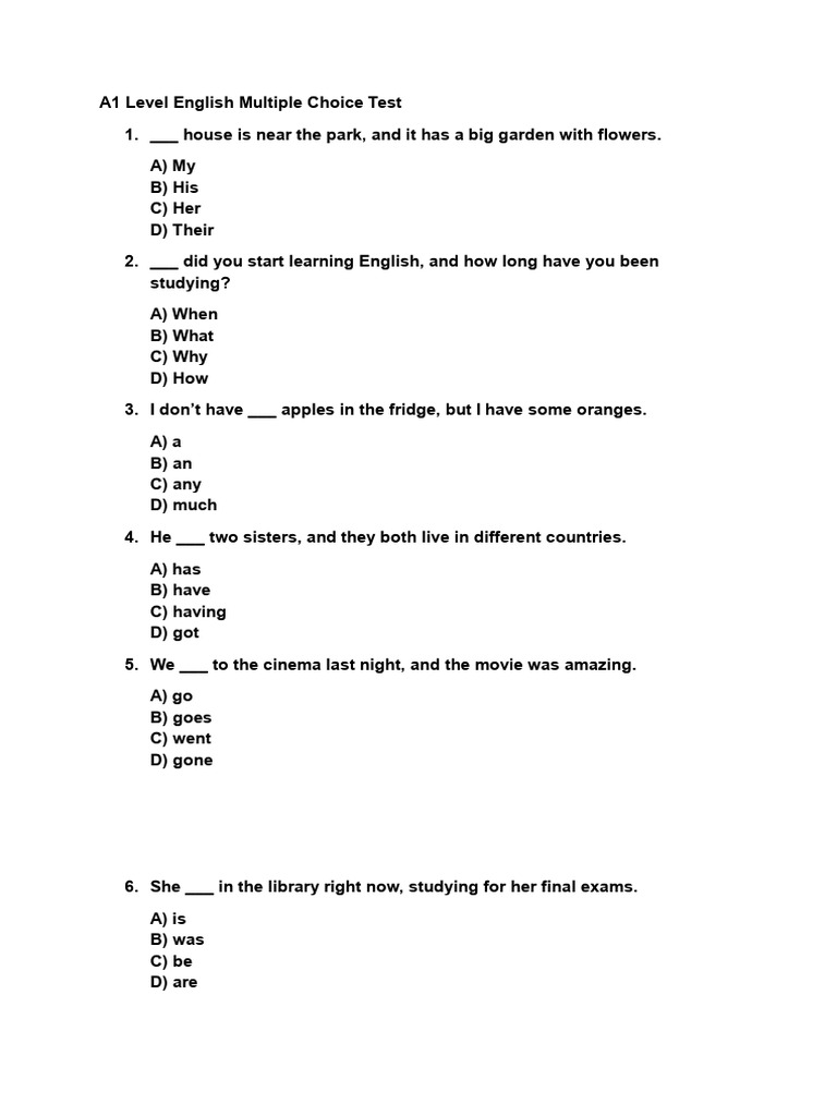 A1 Level English Multiple Choice Test (1) | PDF