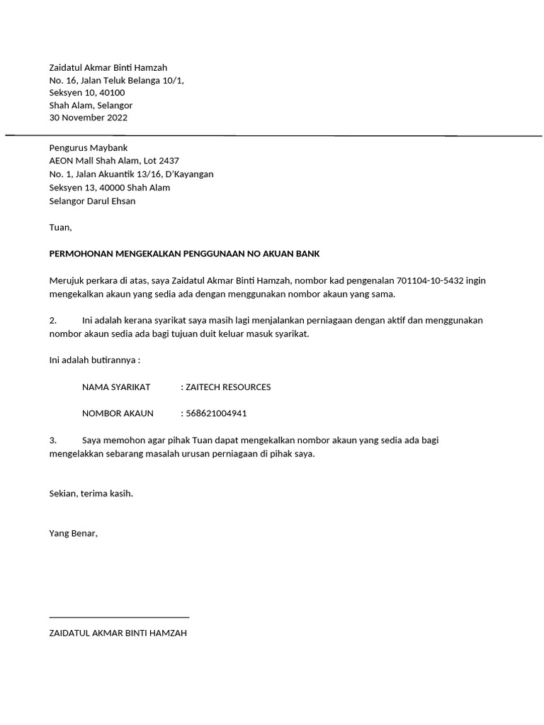 Surat Kekalkan No. Akaun Bank | PDF