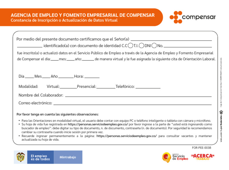 CONSTANCIA DE INSCRIPCIÓN AGENCIA DE EMPLEO COMPENSAR | PDF