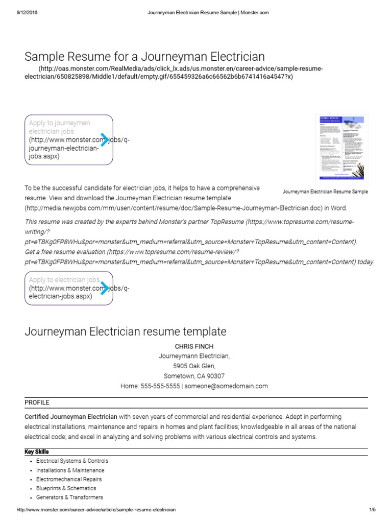 Journeyman Electrician Resume Sample - Monster | PDF | Electrician ...