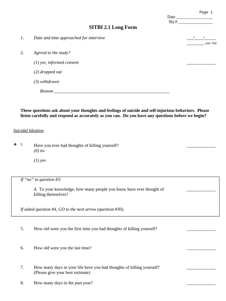 Self-Injurious Thoughts and Behaviors Interview (SITBI) Long Form | PDF ...