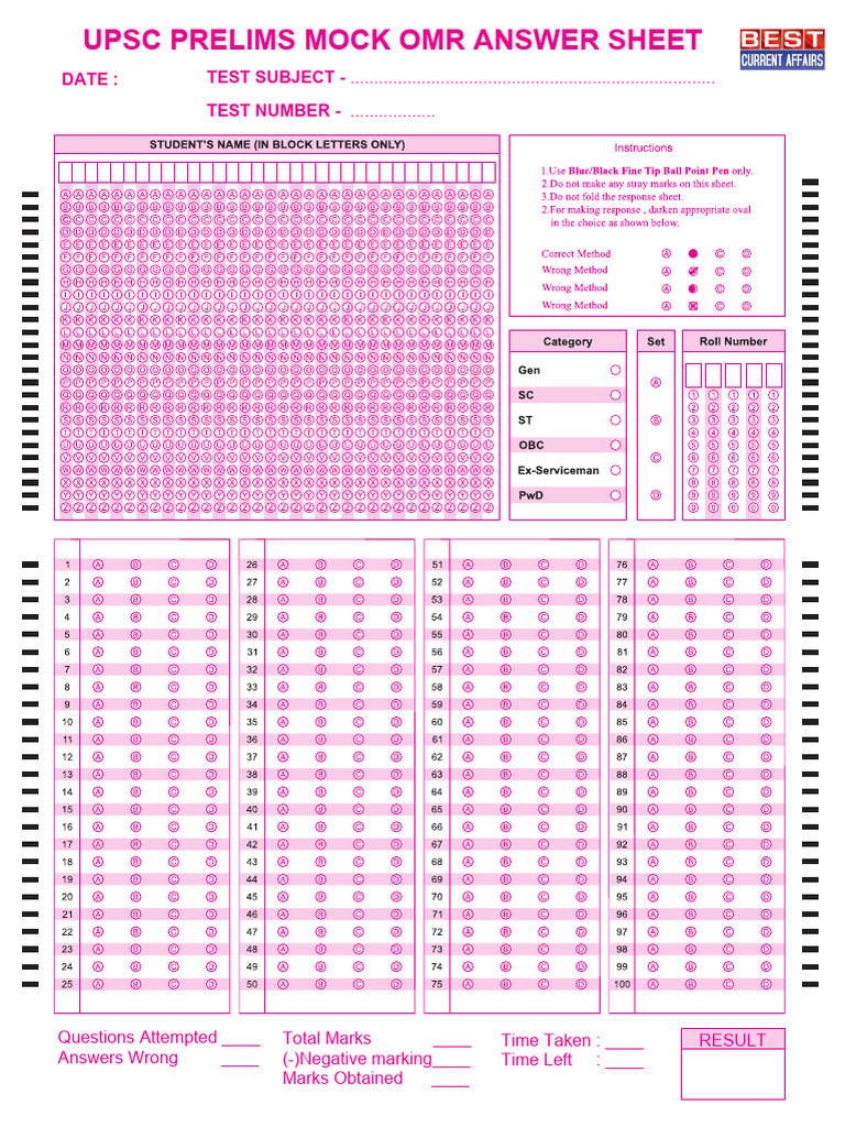UPSC Prelims Mock OMR Answer Sheet | PDF