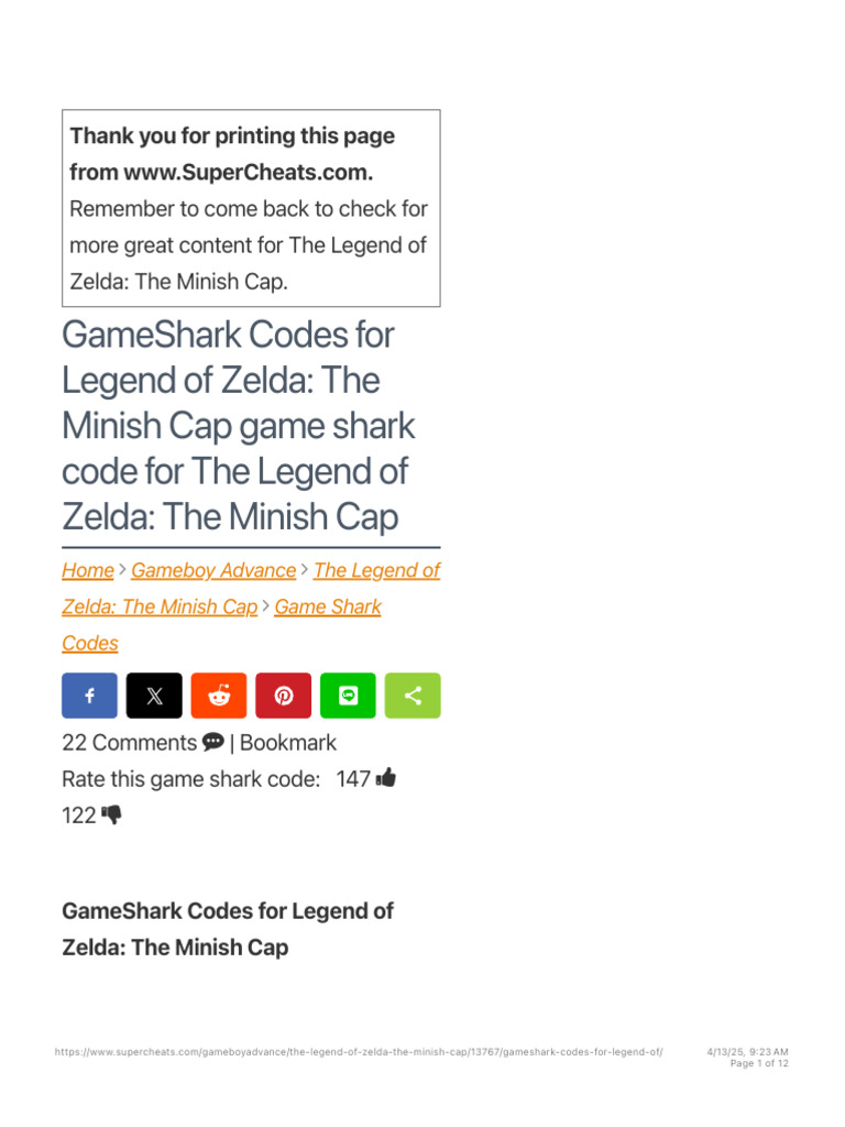 GameShark Codes For Legend of Zelda - The Minish Cap Gamesharkcodes For The Legen | PDF | Video ...