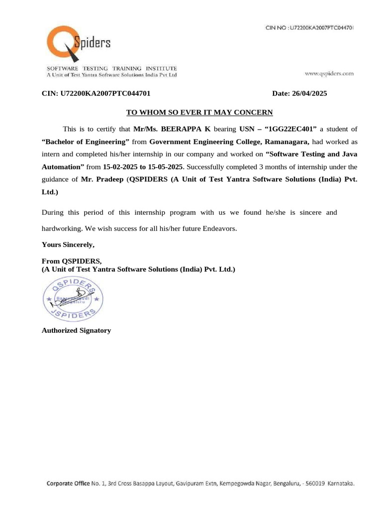 Beerappa K Intership Certificate | PDF