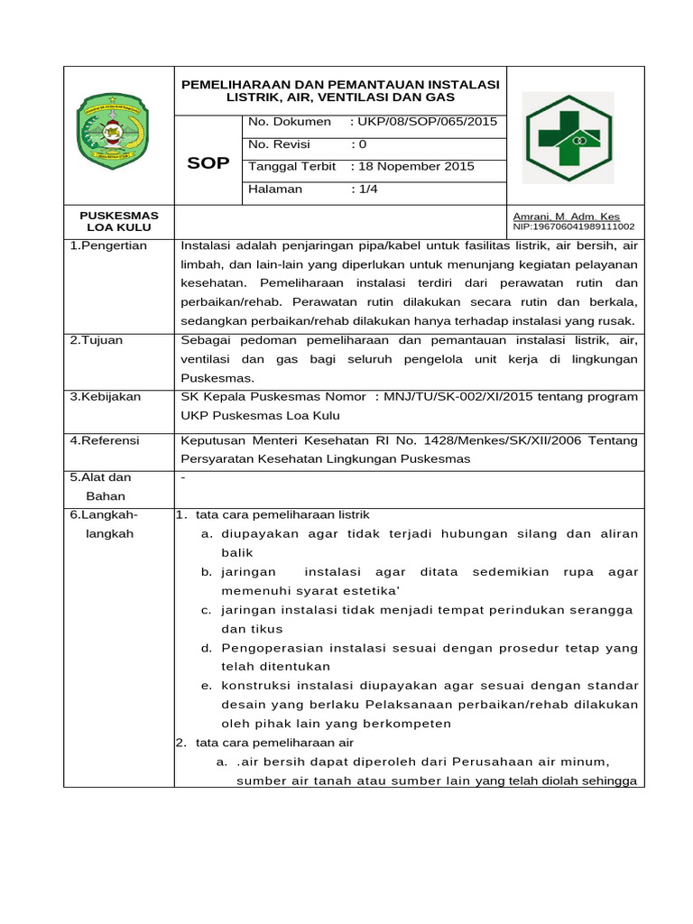8.5.1.2 SOP Pemeliharaan Dan Pemantauan Instalasi Listrik Mus | PDF