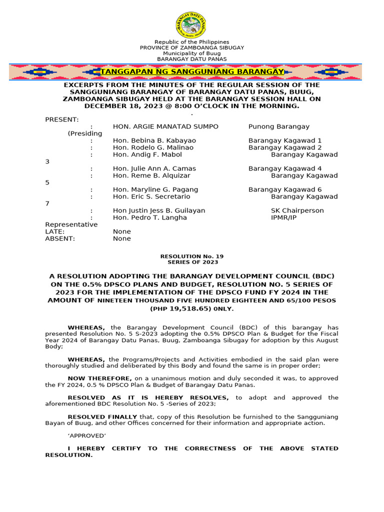 BARANGAY RESOLUTION No. 19 S2023 | PDF | Philippines