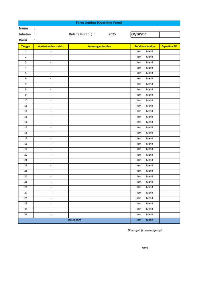 Form Lembur 2025 | PDF