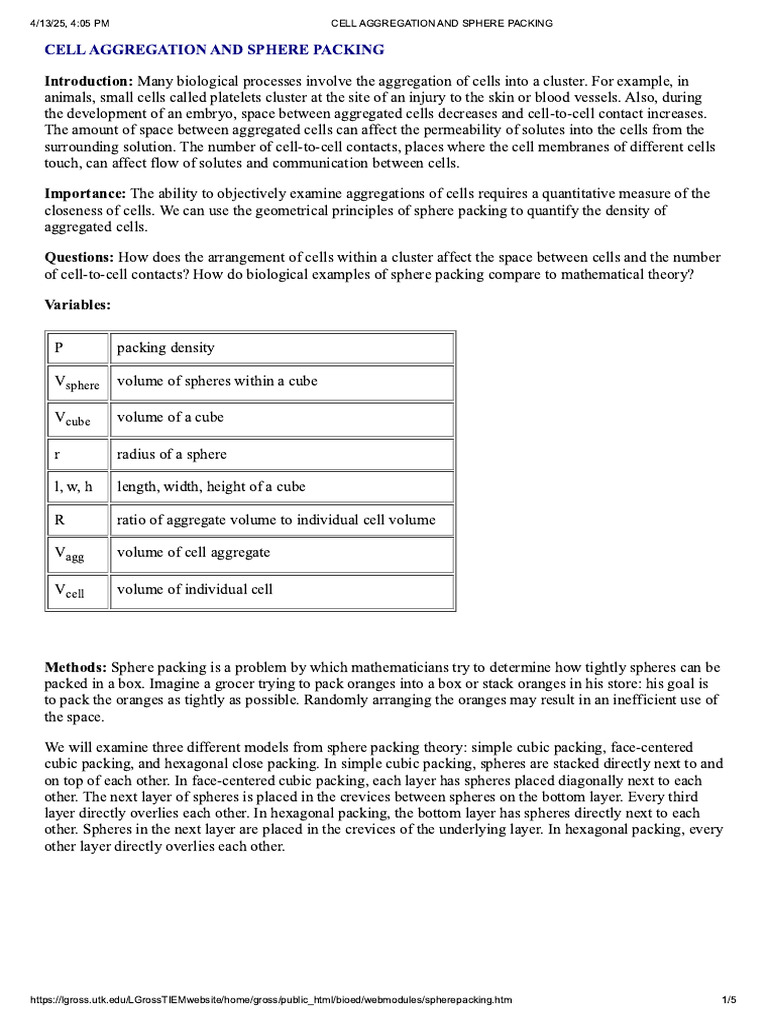 CELL AGGREGATION AND SPHERE PACKING | PDF