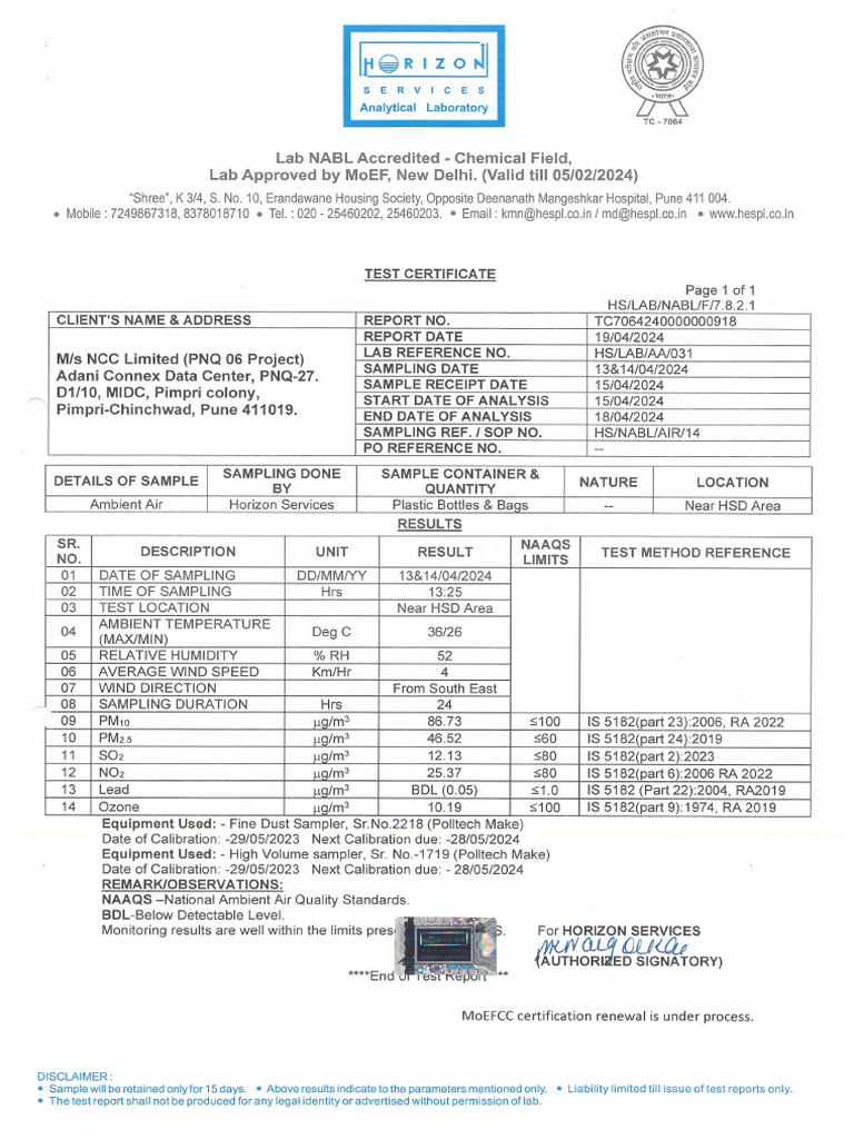 PNQ27 - Environment Monitoring Report APR - 2024 | PDF