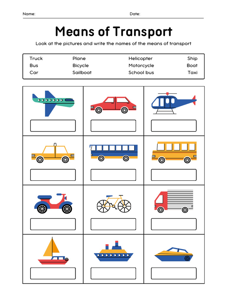 Means of Transport Vocabulary Worksheet in Colorful Illustrative Style ...
