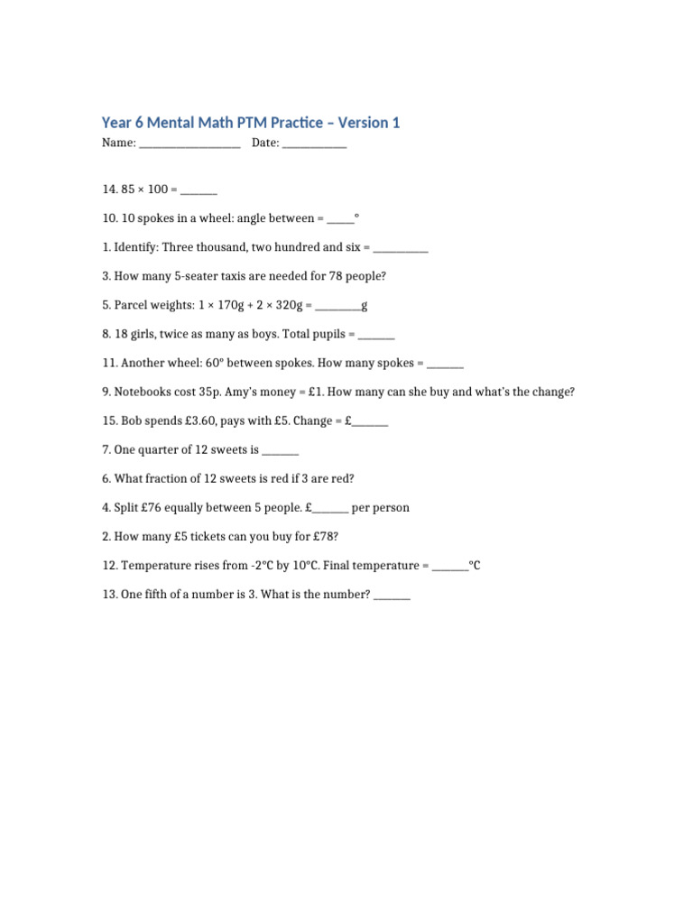 Year6 Mental Math Practice Version 1 | PDF