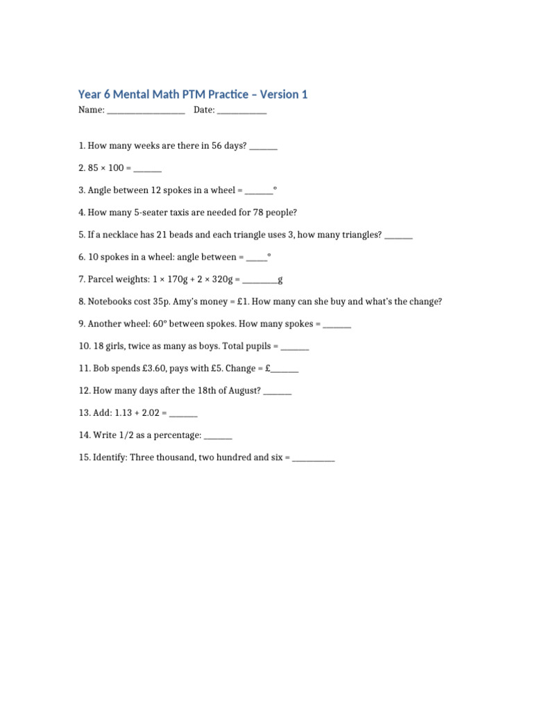 Year6 Mental Math PTMs Version 1 Unique | PDF