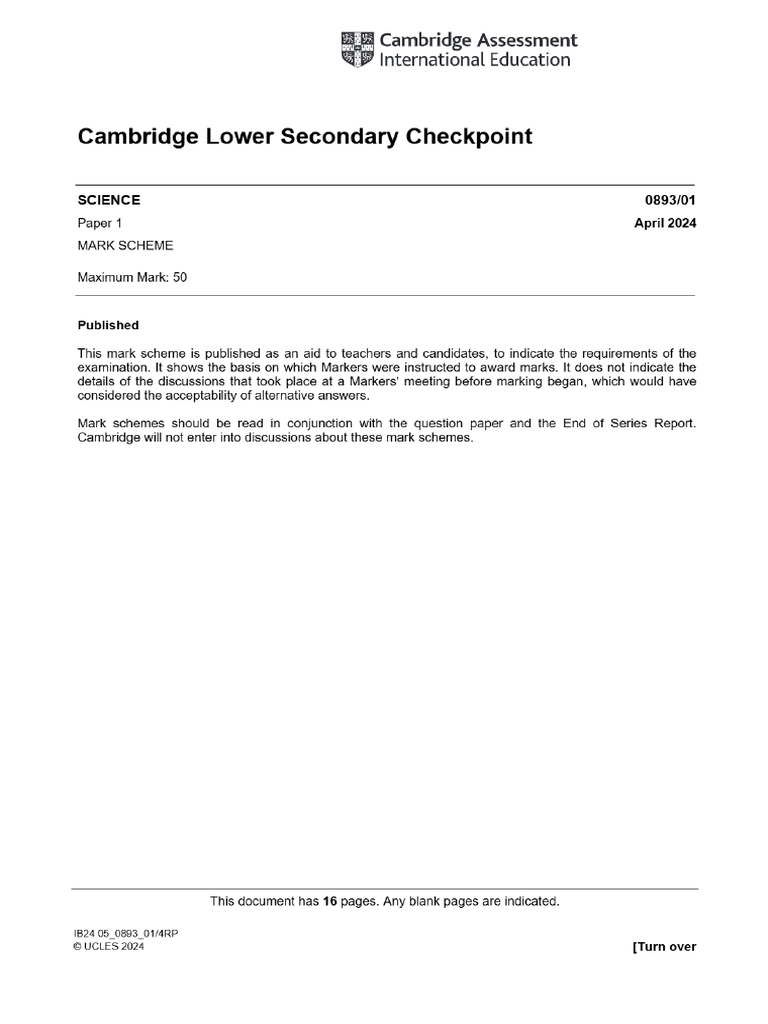 Science Mark Scheme - Cambridge Lower Secondary Checkpoint 2024 | PDF