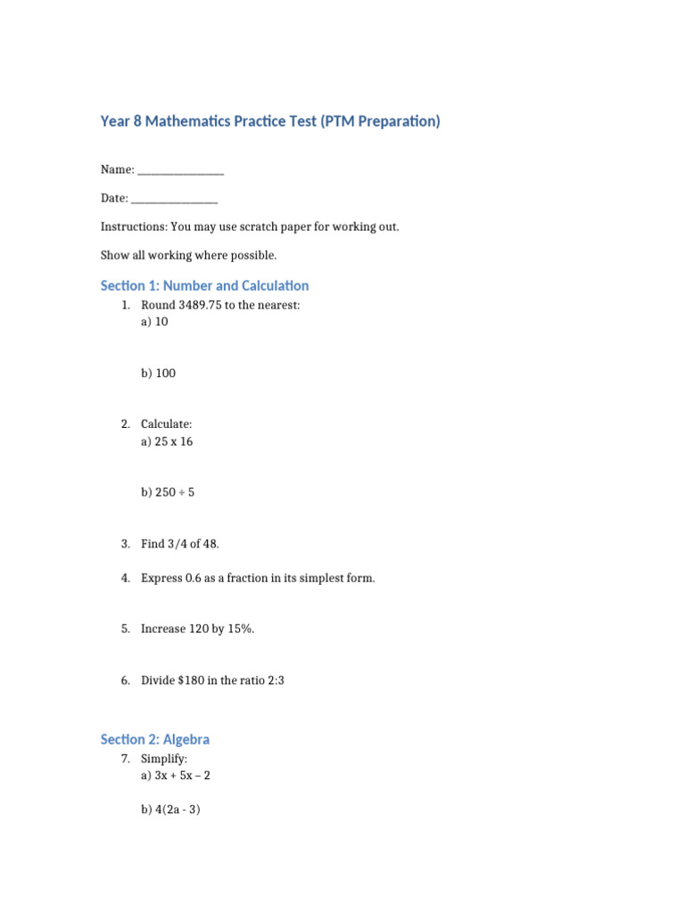Year8 PTM Practice Test With Answers | PDF