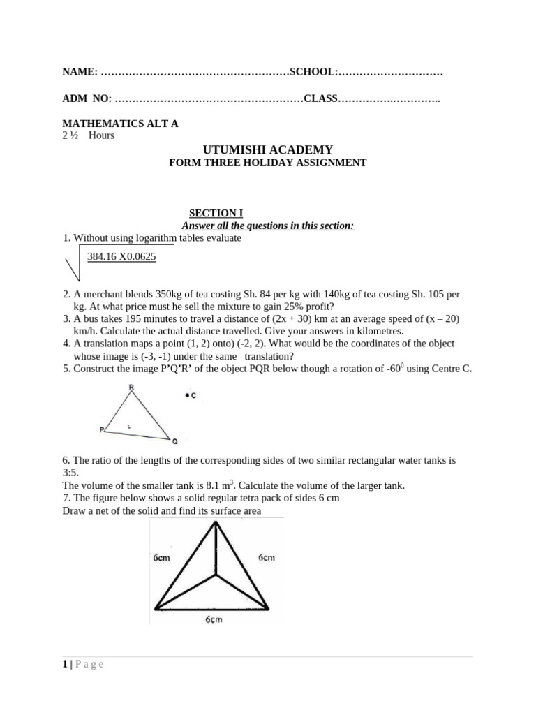 Form Three Mathematics Aprill Holliday Assignment 2025 | PDF | Volume ...