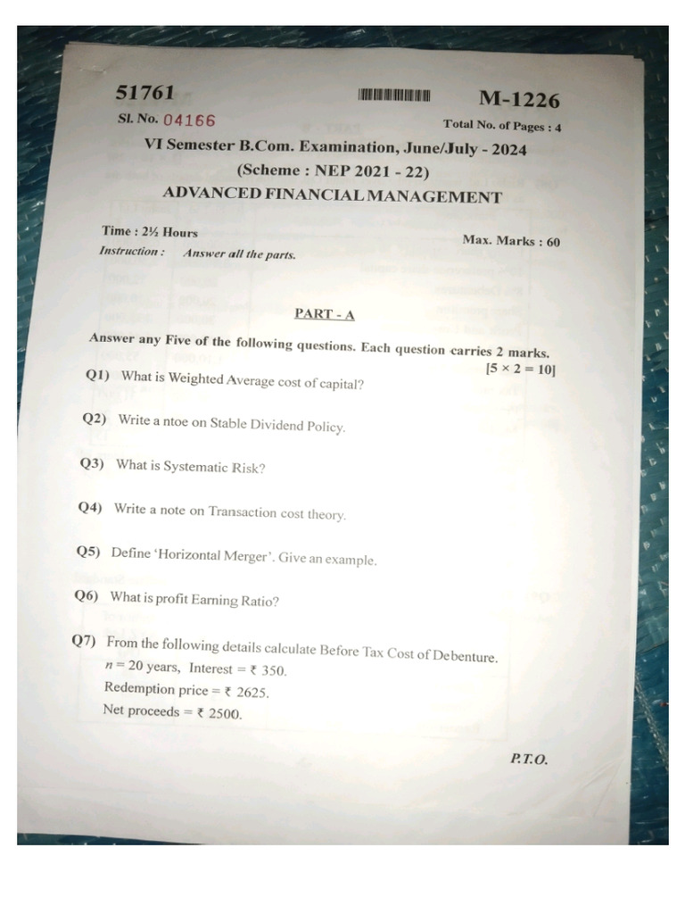 Afm Question Papers 6TH Semester - 1 | PDF