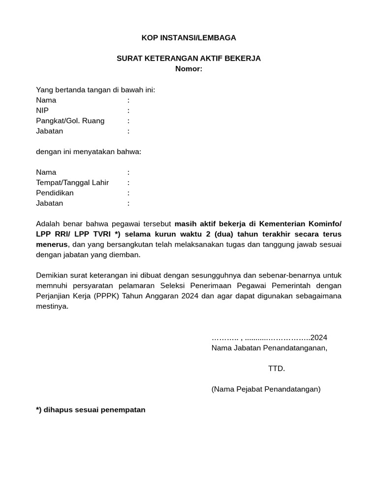SURAT KETERANGAN AKTIF BEKERJA [NON-ASN TIDAK TERDATA DATABASE] | PDF