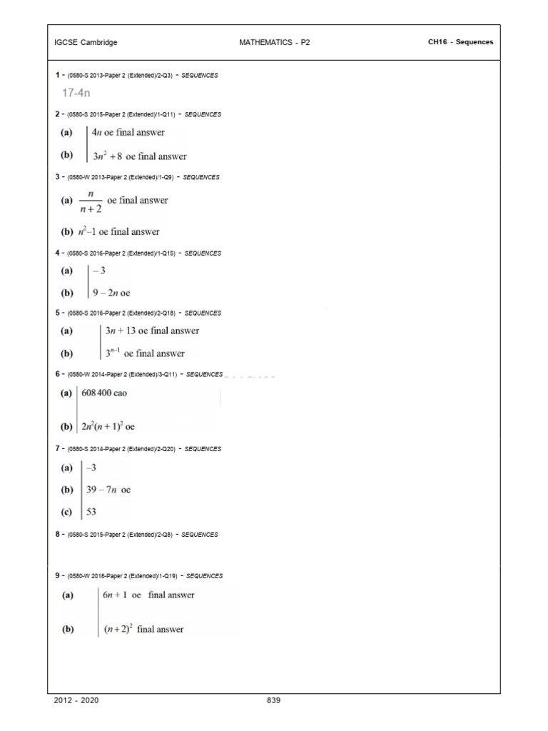 IGCSE Mathematics Sequences Questions | PDF