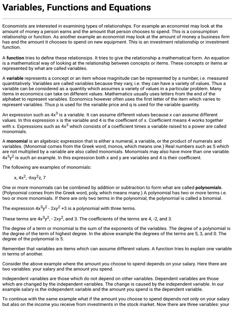 Eco 102 Variables,FunctionsandEquations_1743027171930 | PDF | Variable (Mathematics) | Polynomial