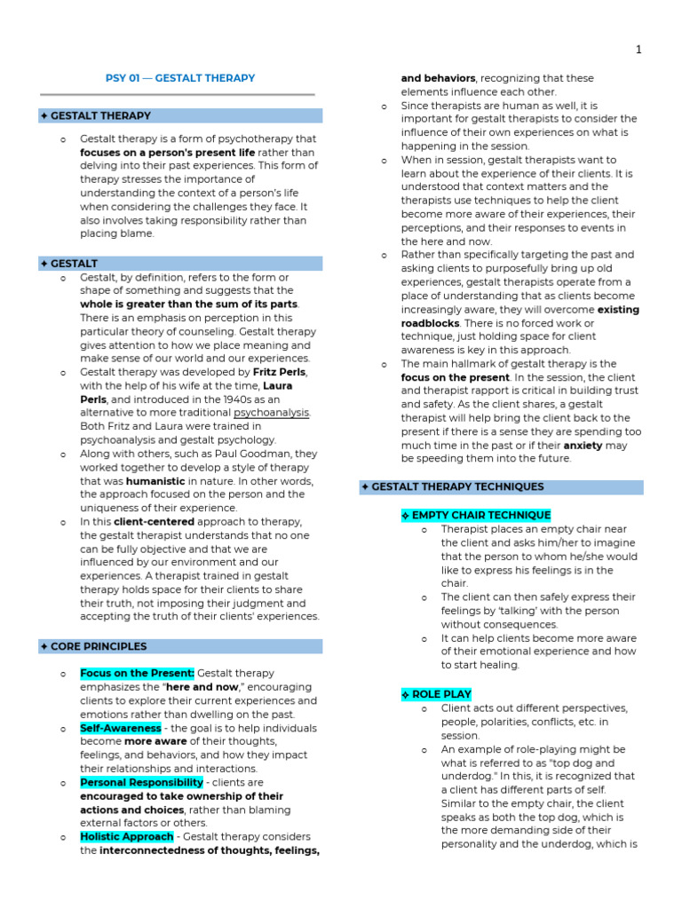 Psy 01 Finals - Gestalt Therapy | PDF | Gestalt Therapy | Psychotherapy