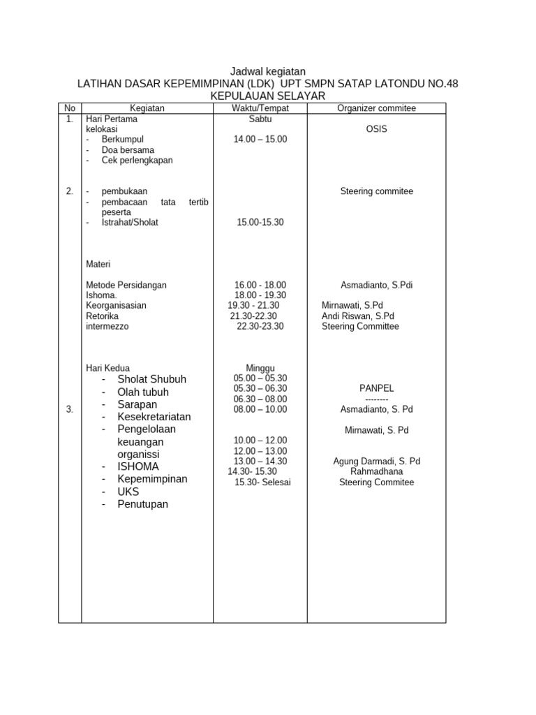 Jadwal Kegiatan LDK | PDF