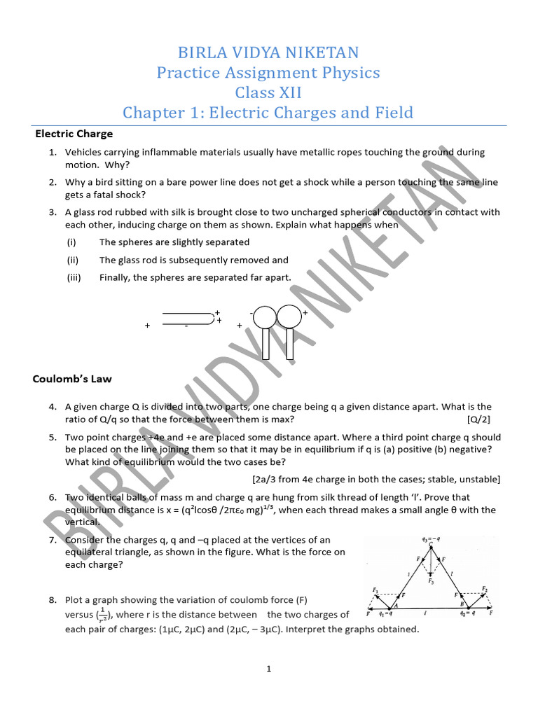 Ch1 - Physics - Practice Assignment - Electric Charges and Field | PDF | Electric Field | Sphere