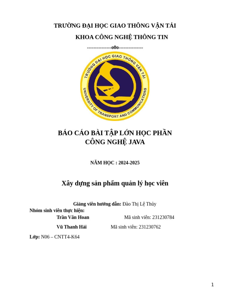 Báo cáo BTL công nghệ JAVA - Quản Lý Học Viên | PDF