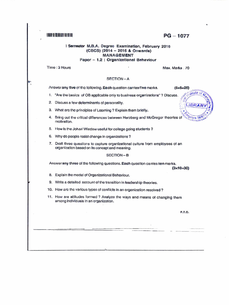 Paper1.2 Organlzatlonal Behaviour February 2016 | PDF | Behavioural Sciences | Psychology