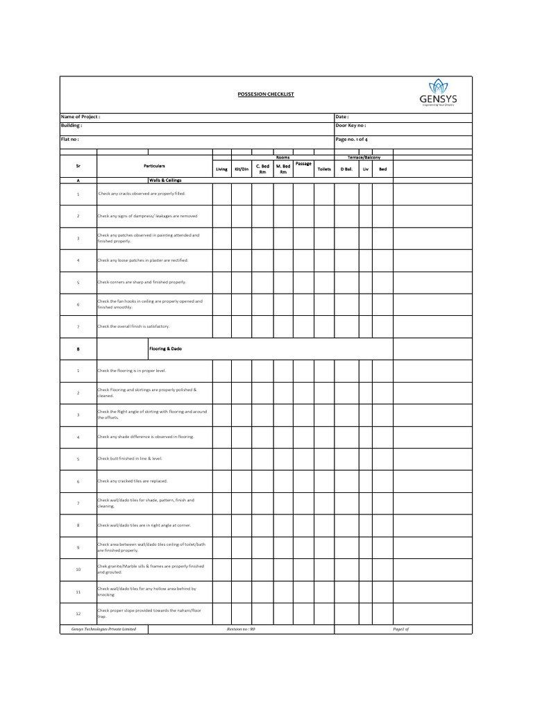 Possesion Checklist FS | PDF | Tap (Valve) | Leak