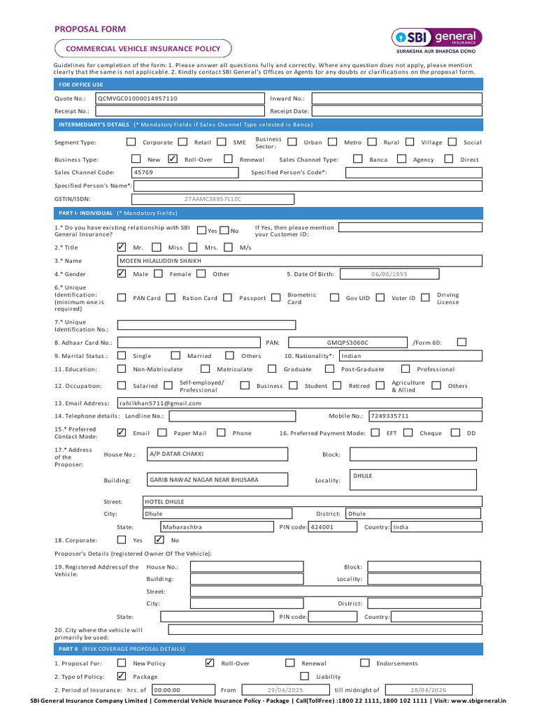 SBI Commercial Vehicle Insurance Form | PDF | Insurance | Vehicles