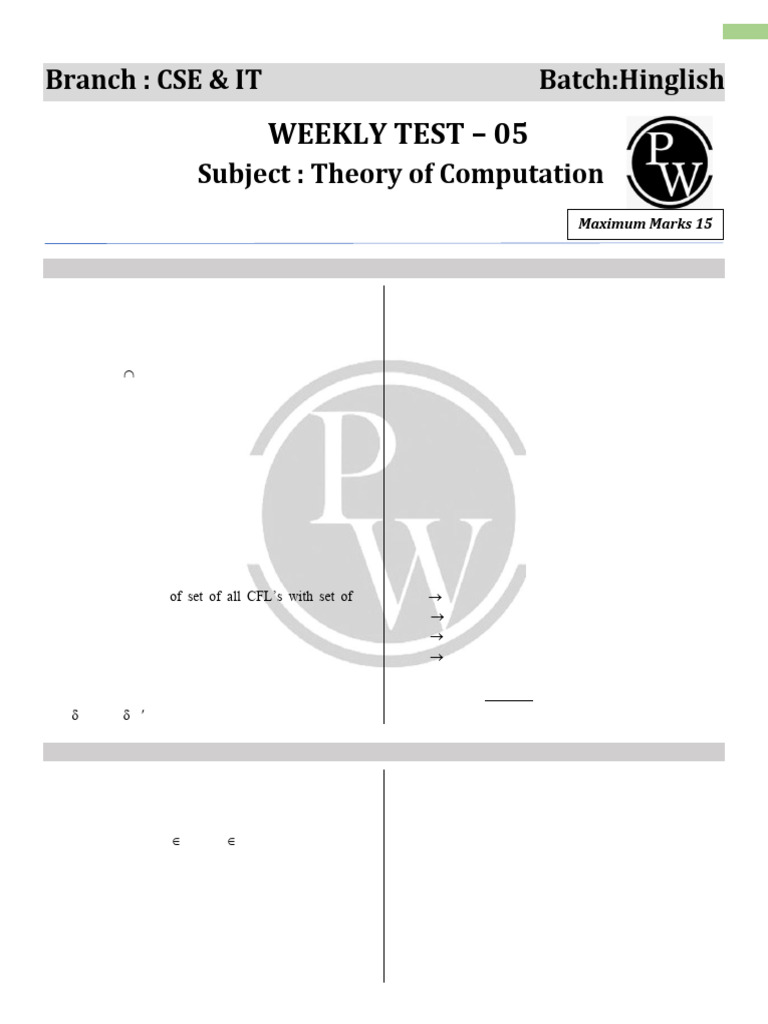 Weekly Test on Theory of Computation | PDF | Theory Of Computation ...