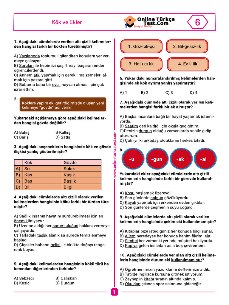 Sınıf KÖK VE EKLER ÖDEV | PDF