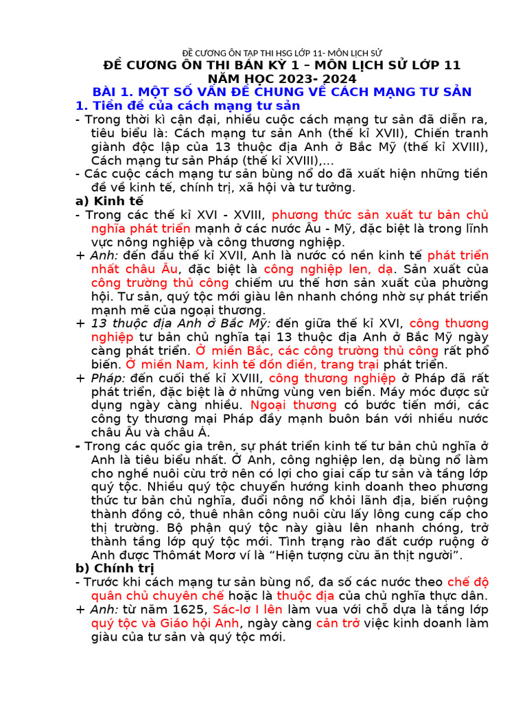ĐỀ CƯƠNG ÔN TẬP THI HSG LỚP 11 (23-24) | PDF