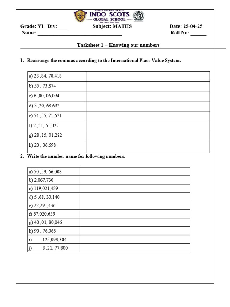 Tasksheet 1 - Knowing Our Numbers G6 | PDF