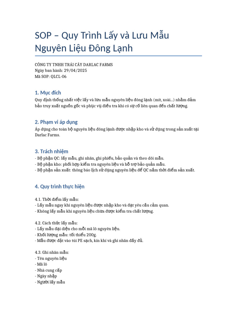 SOP Lay Va Luu Mau Nguyen Lieu Dong Lanh Darlac Farms | PDF