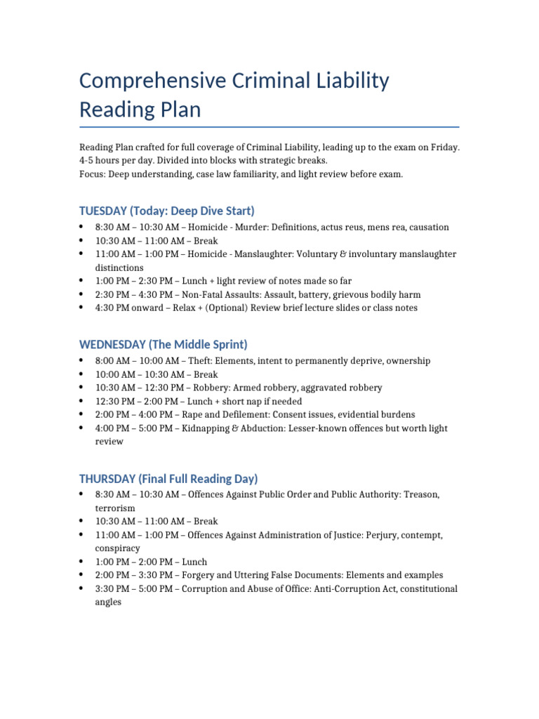 Criminal Liability Reading Plan | PDF