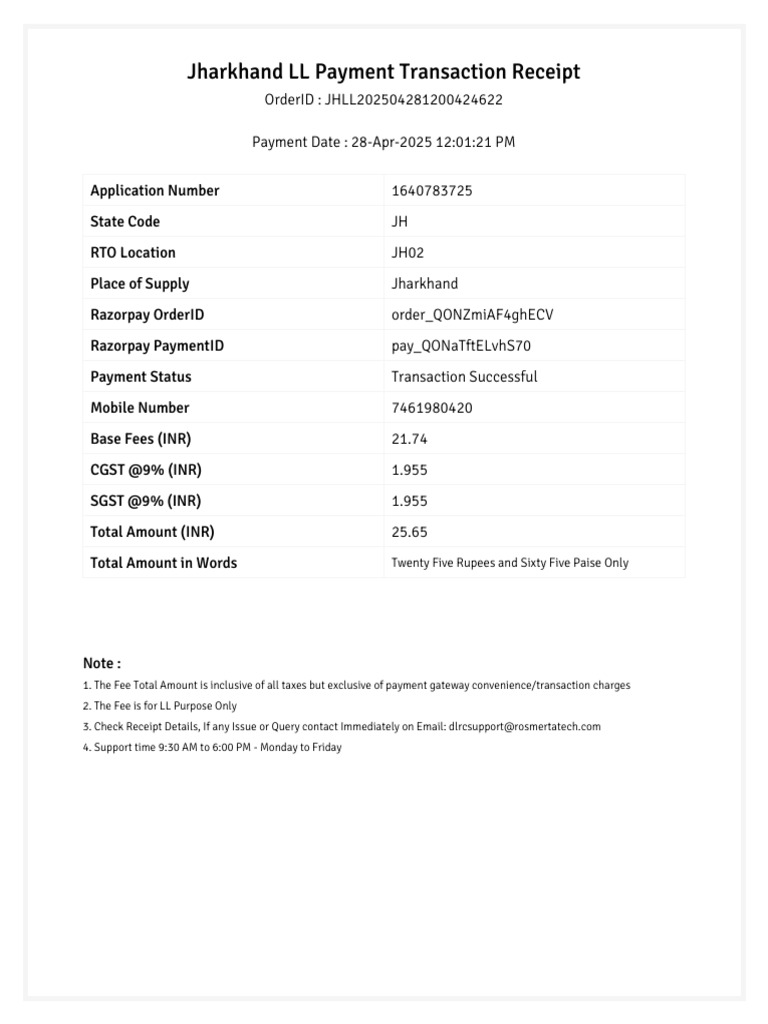 Jharkhand LL Payment Transaction Receipt | PDF