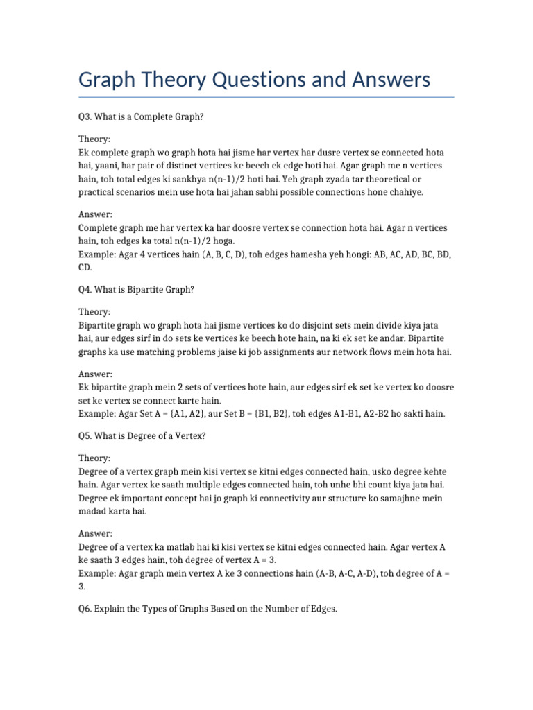 Graph Theory Questions Answers | PDF | Vertex (Graph Theory) | Mathematical Concepts