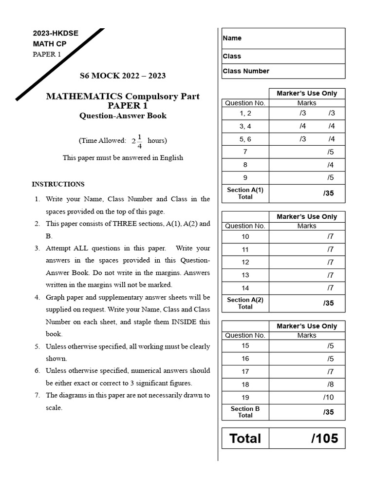 22-23 S6Math Mock P1 | PDF | Mathematical Concepts | Mathematics