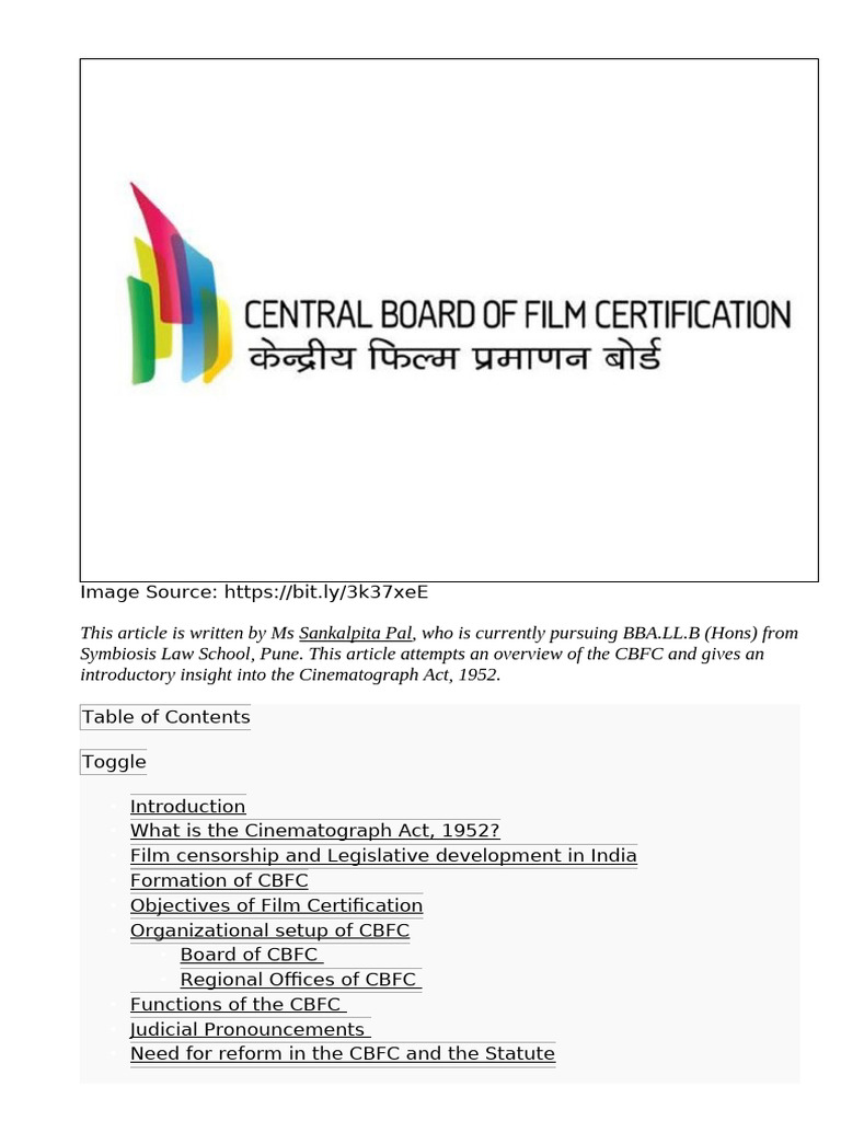Introduction To CBFC and The Cinematograph Act, 1952 - Ipleaders | PDF ...
