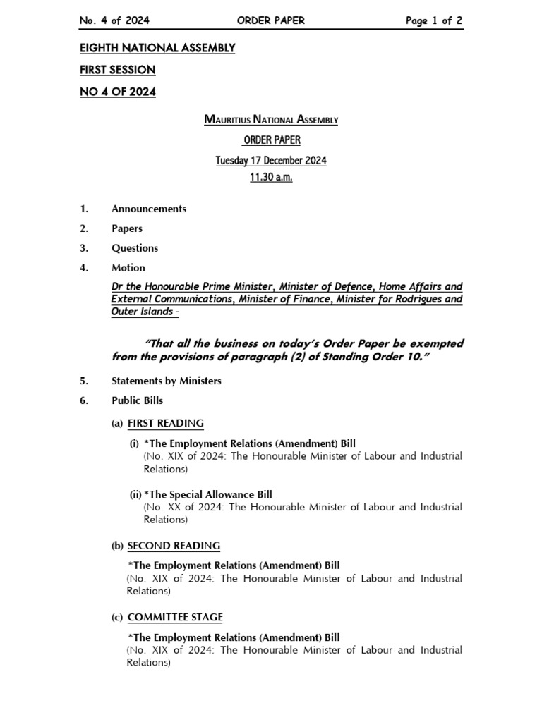 Order Paper No. 4 of 2024 Tuesday 17 December 2024 | PDF | Government