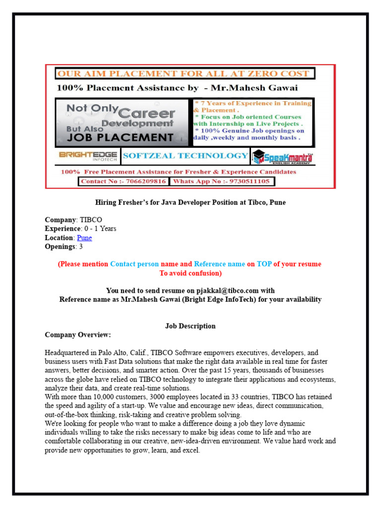 Hiring Freshers For Java Developer Position at Tibco, Pune PDF | PDF | Web Service | Computing