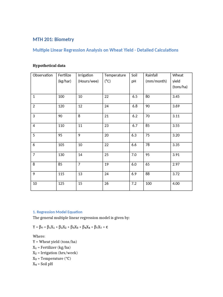 MTH201 Biometry Wheat Yield Analysis Calculations | PDF | Errors And Residuals | Interpolation