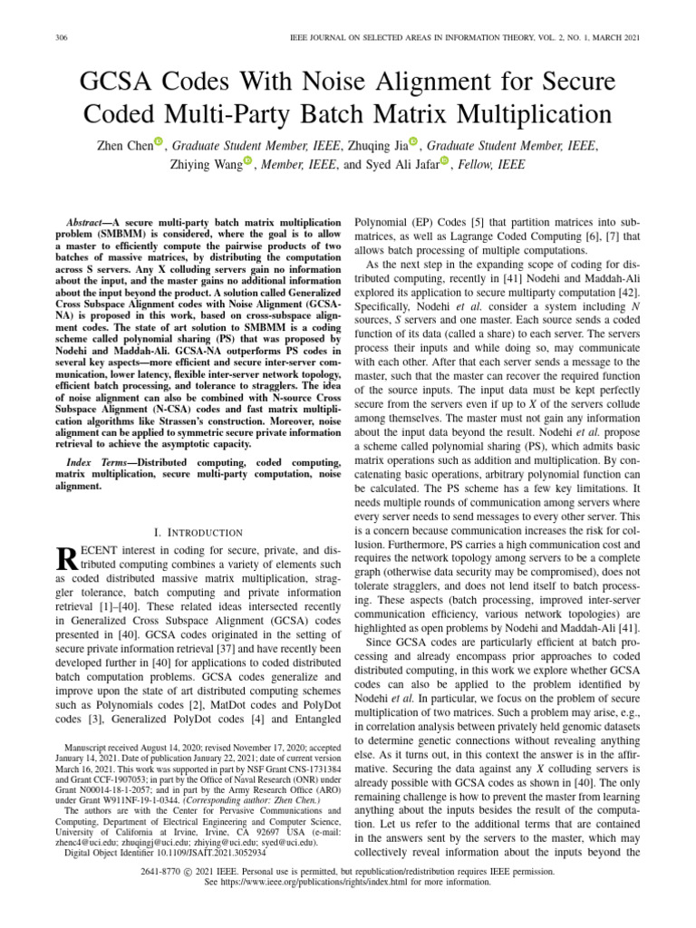 GCSA Codes With Noise Alignment For Secure Coded Multi-Party Batch Matrix Multiplication | PDF ...