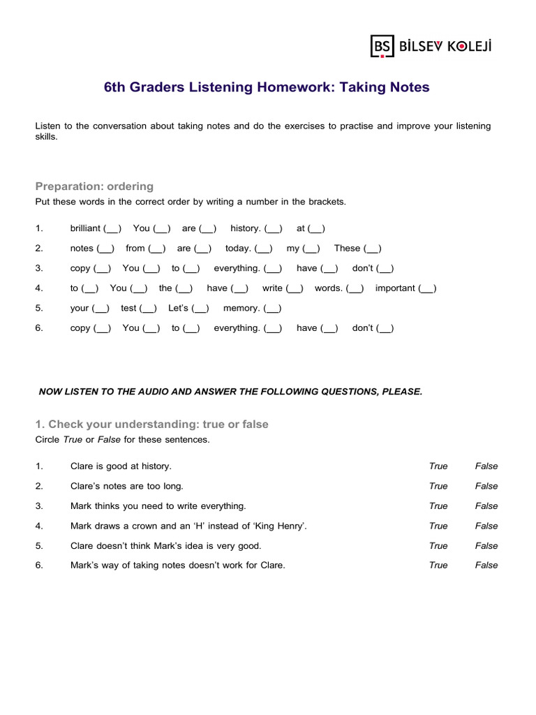 6th Grade Listening Homework: Note-Taking | PDF | Vocabulary | Cognition