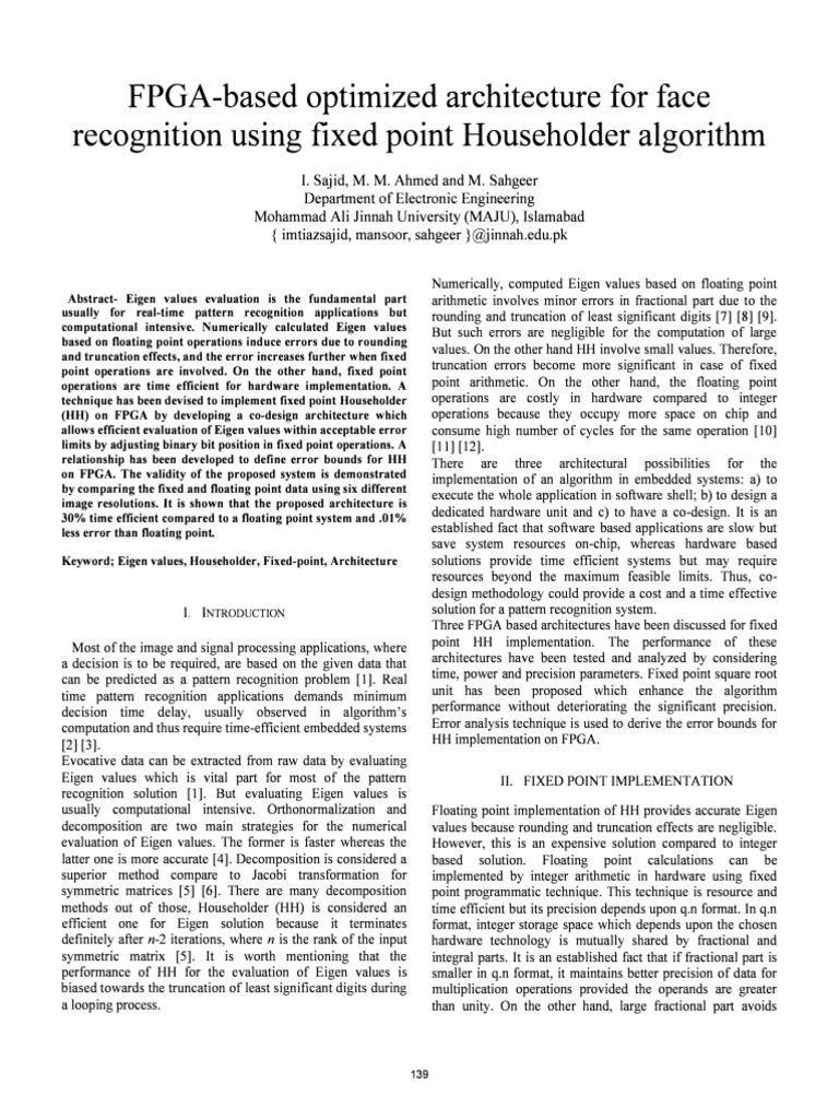 Fpga Based Optimized Architecture For Face Recognition Using Fixed