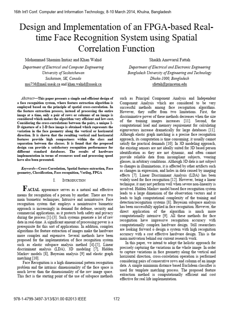 Design And Implementation Of An Fpga Based Realtime Face Recognition System Using Spatial 8436
